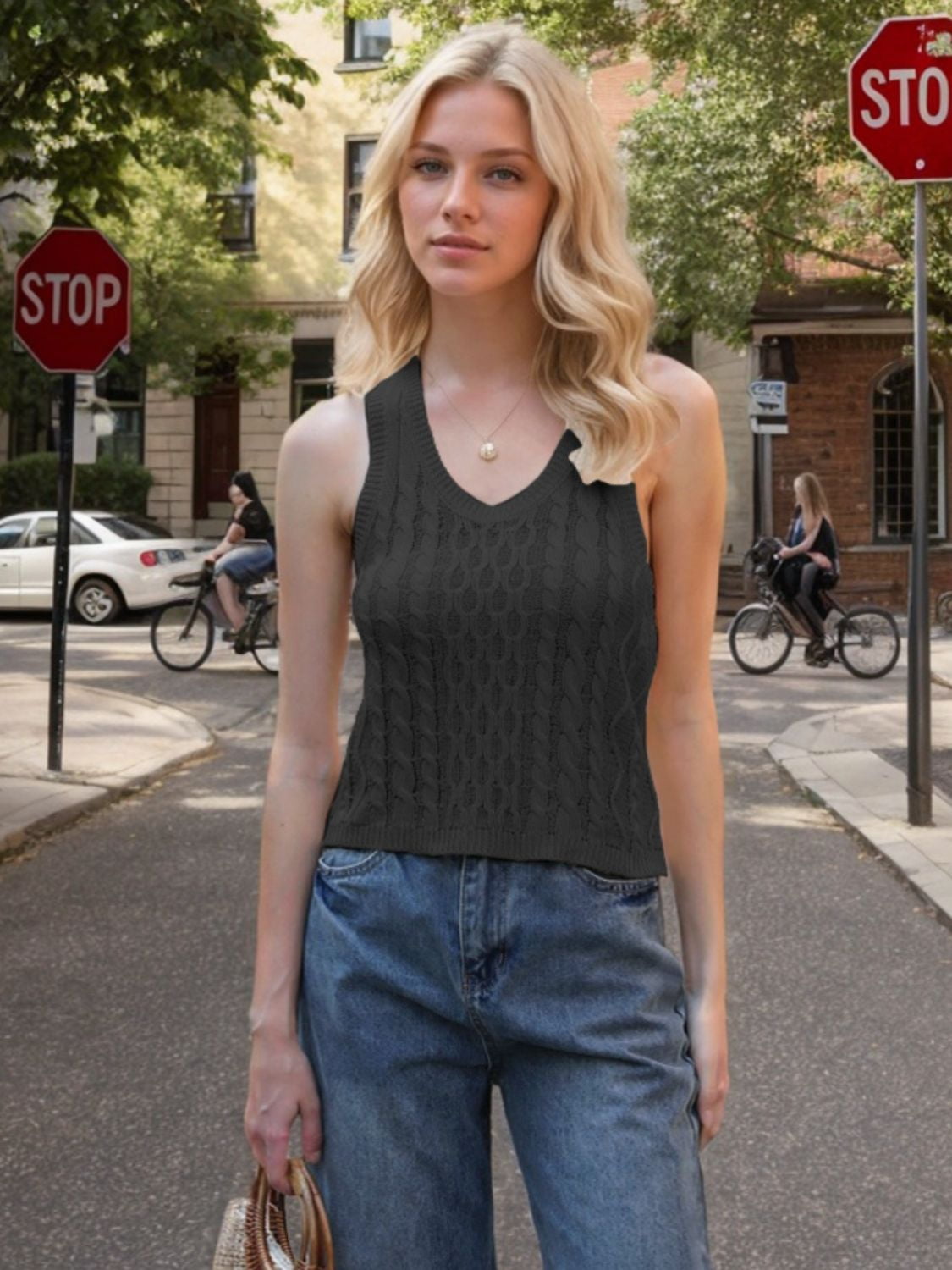 Cable-Knit V-Neck Knit Tank - Walmart.com
