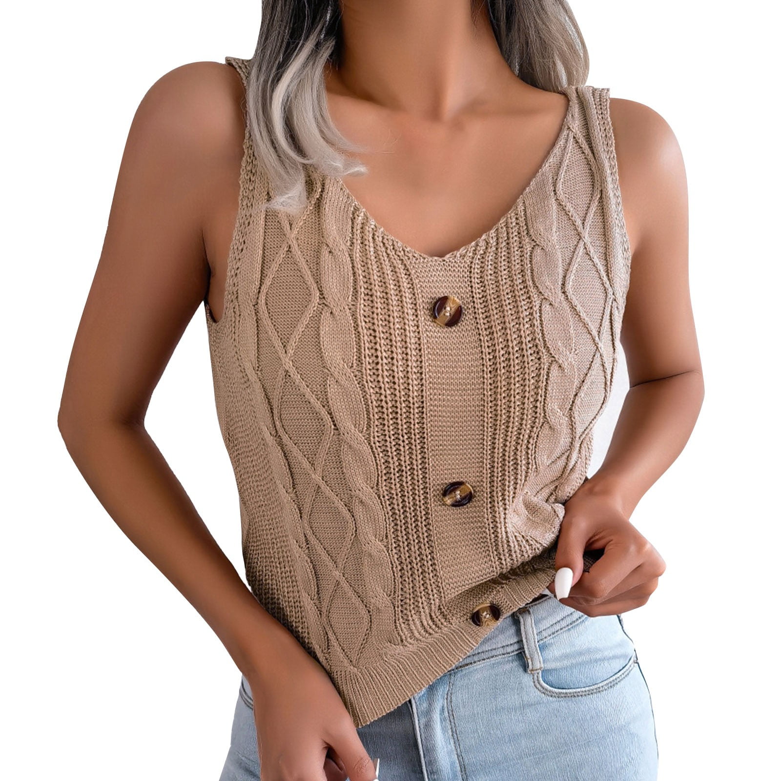 Cable Knit V Neck Tank Top for Women Button Down Sleeveless Tee Summer ...