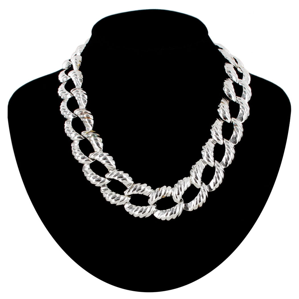 Cable Link Collar Necklace Silver Tone Ribbed Chunky Chain 18" Ladies ...