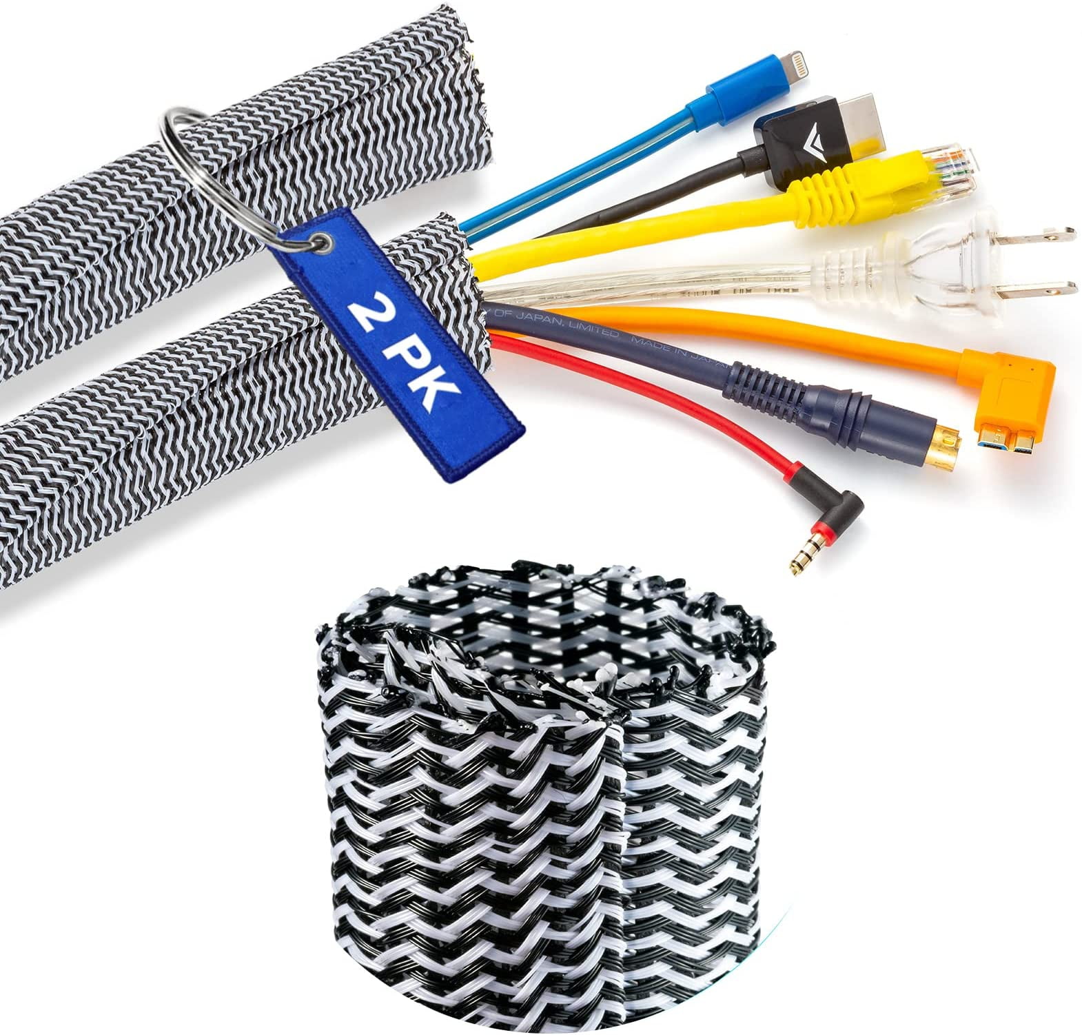 Cable Management, 3 ft Long, 1/2 in. Wide, Braided Cable Sleeve, Wire ...