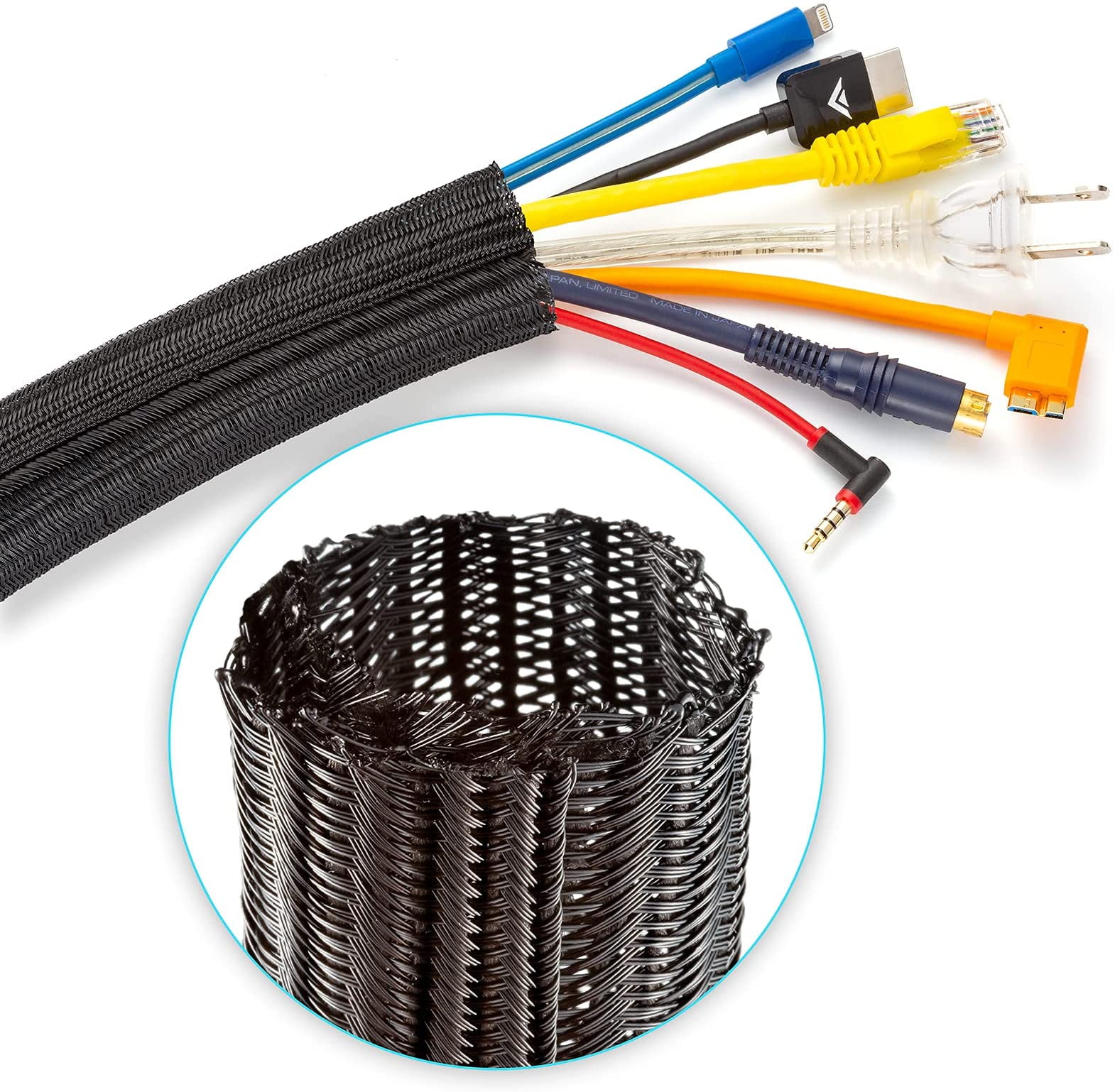 Cable Management, 30 ft Long, 1/2 in. Wide, Braided Cable Sleeve, Wire ...