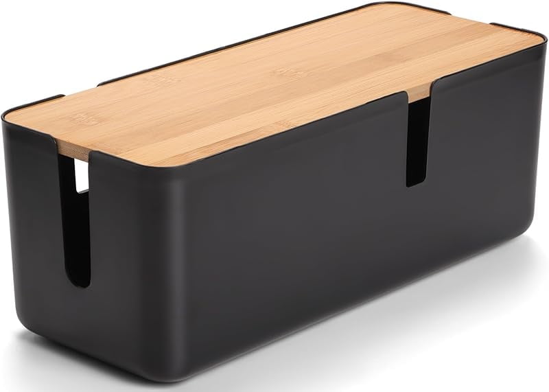 Cable Management Box with Bamboo Lid, White Cable Box Small Cord Hider ...
