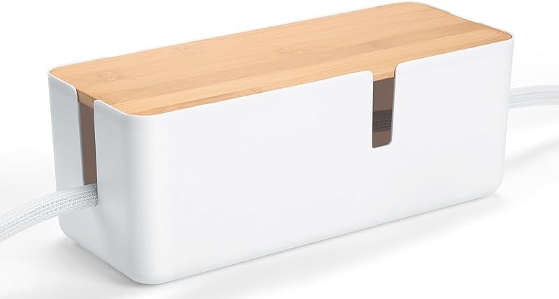 Cable Management Box with Bamboo Lid, White Cable Box Small Cord Hider ...