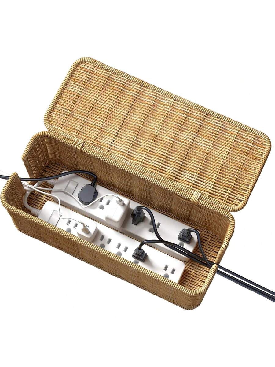 Cable Management Box, Handmade Rattan Cable Organizer, 2 Open Slots ...