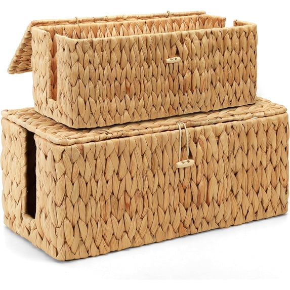 Cable Management Box with Lid, 2Pack Handwoven Real Water Hyacinth Cord ...
