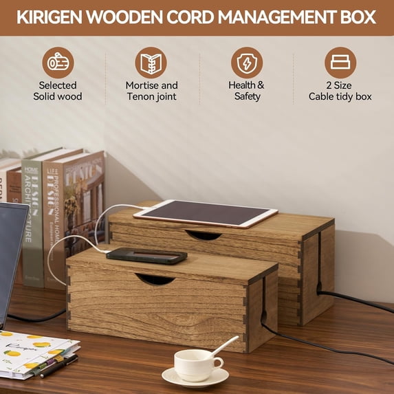 Cable Management Box Wooden Cord Organizer Hide Power Strip Desk Wires ...
