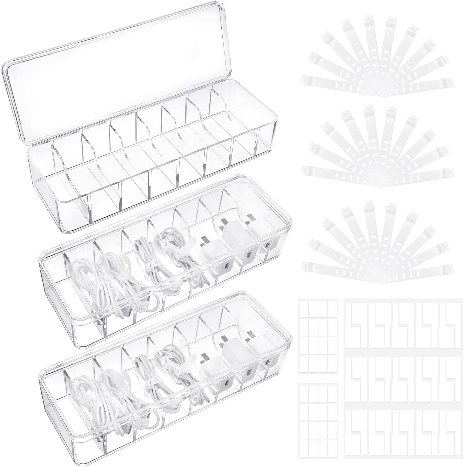 Cable Organizer Box with Lid, 3 Pcs Clear Cord Storage Organizer with ...