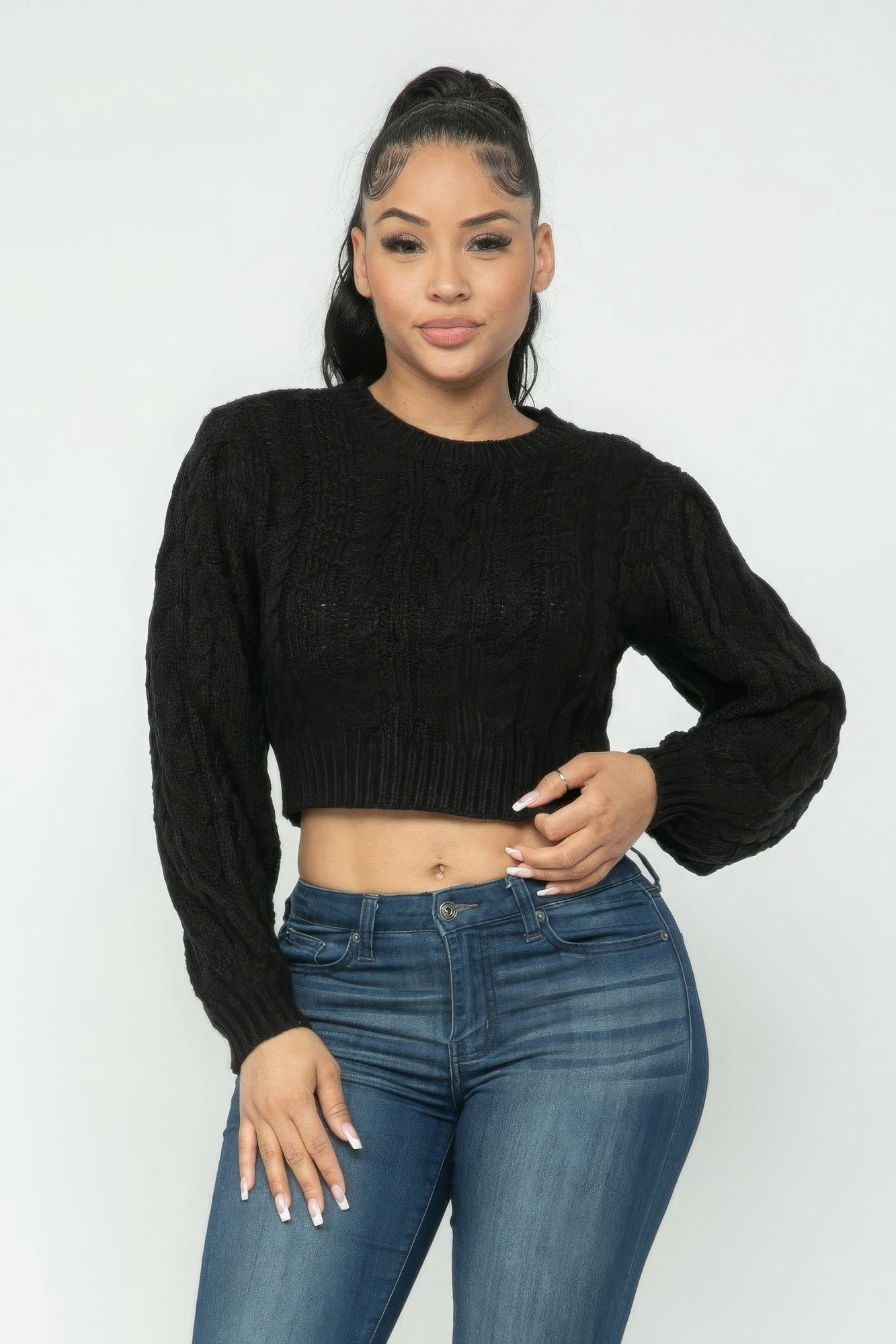 Women's Crewneck Cable Pullover Crop Sweater - Walmart.com