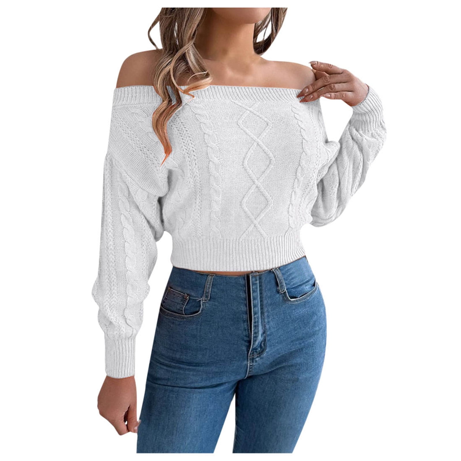 Cable Sweaters For Women Fall Winter Casual Solid Color Off Shoulder ...