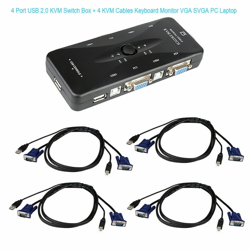 CableVantage USB 4 Port Monitor VGA SVGA KVM Switch Box + 4 Cables for PC Keyboard Mouse Kit ...