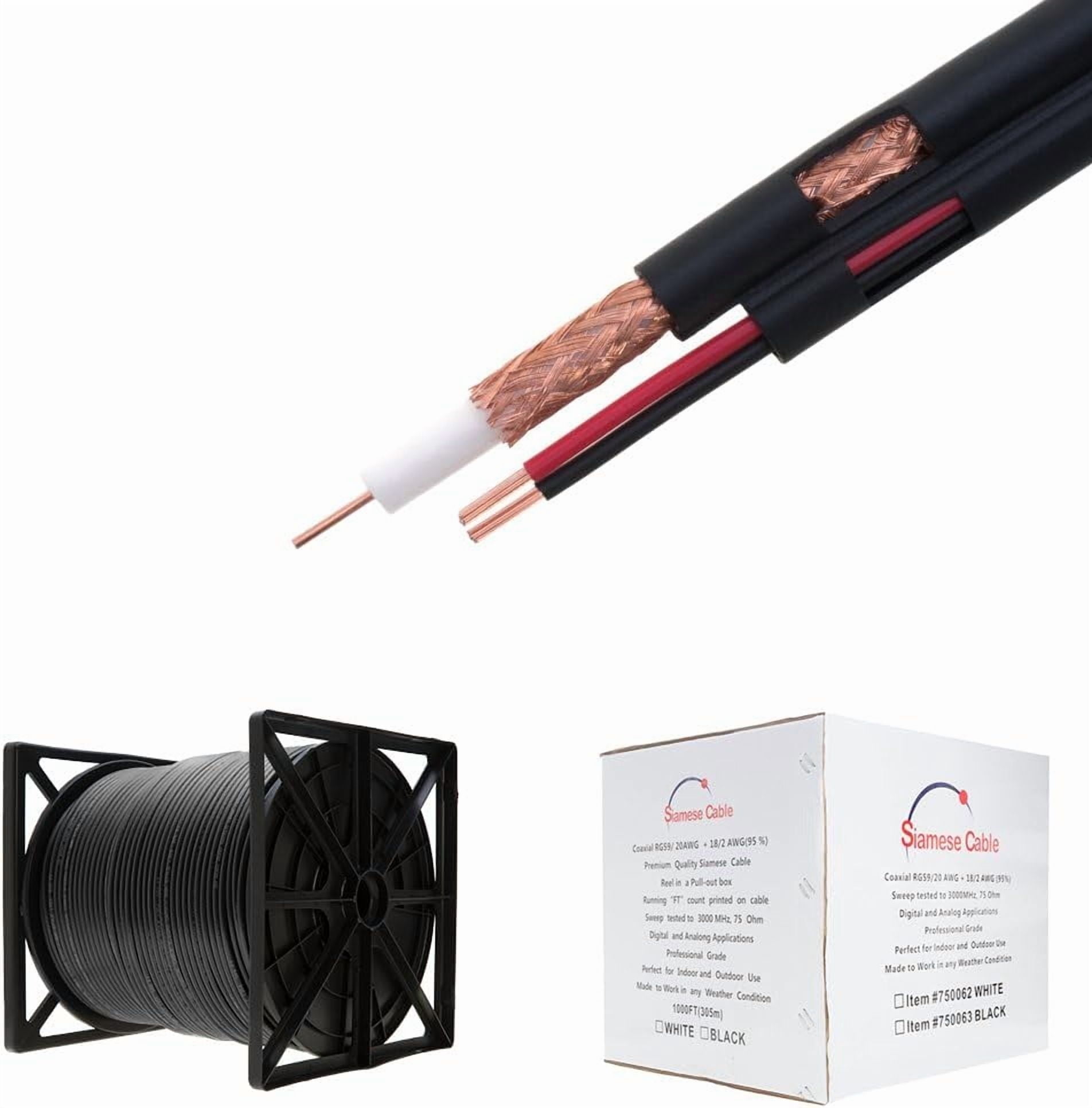 1000FT Black Bulk Siamese RG59/U Coax Cable, 20AWG RG59 + 18/2 Power ...