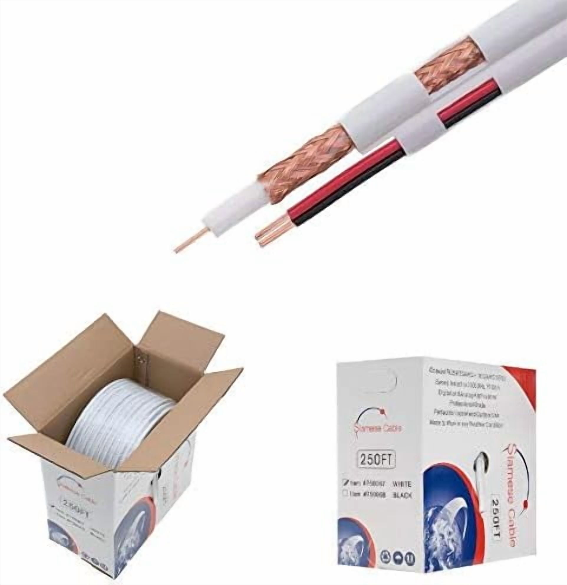 250FT White Bulk Siamese RG59/U Coax Cable, 20AWG RG59 + 18/2 Power ...