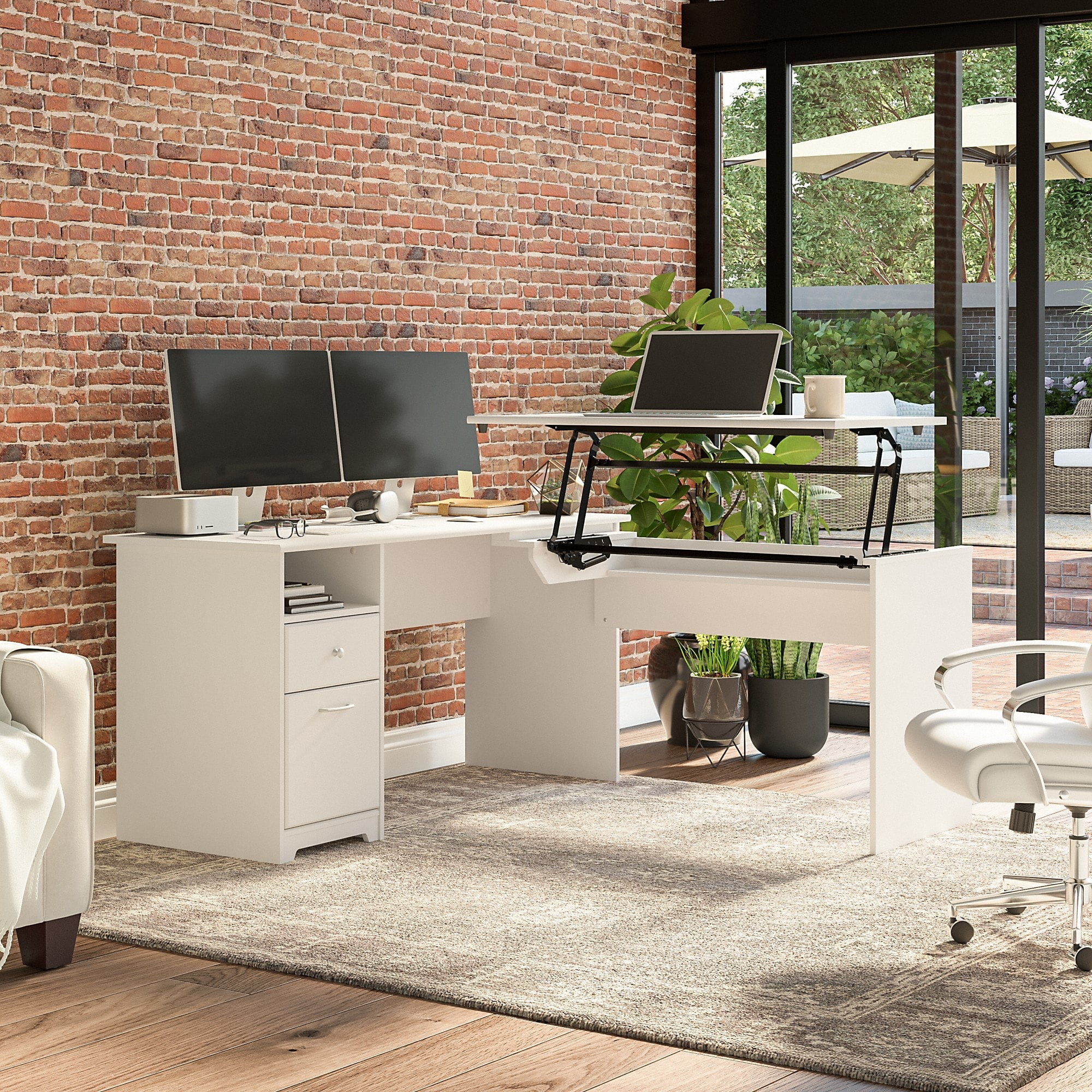 Cabot 60W 3 Position L Shaped Sit Stand Desk in White - Engineered Wood ...
