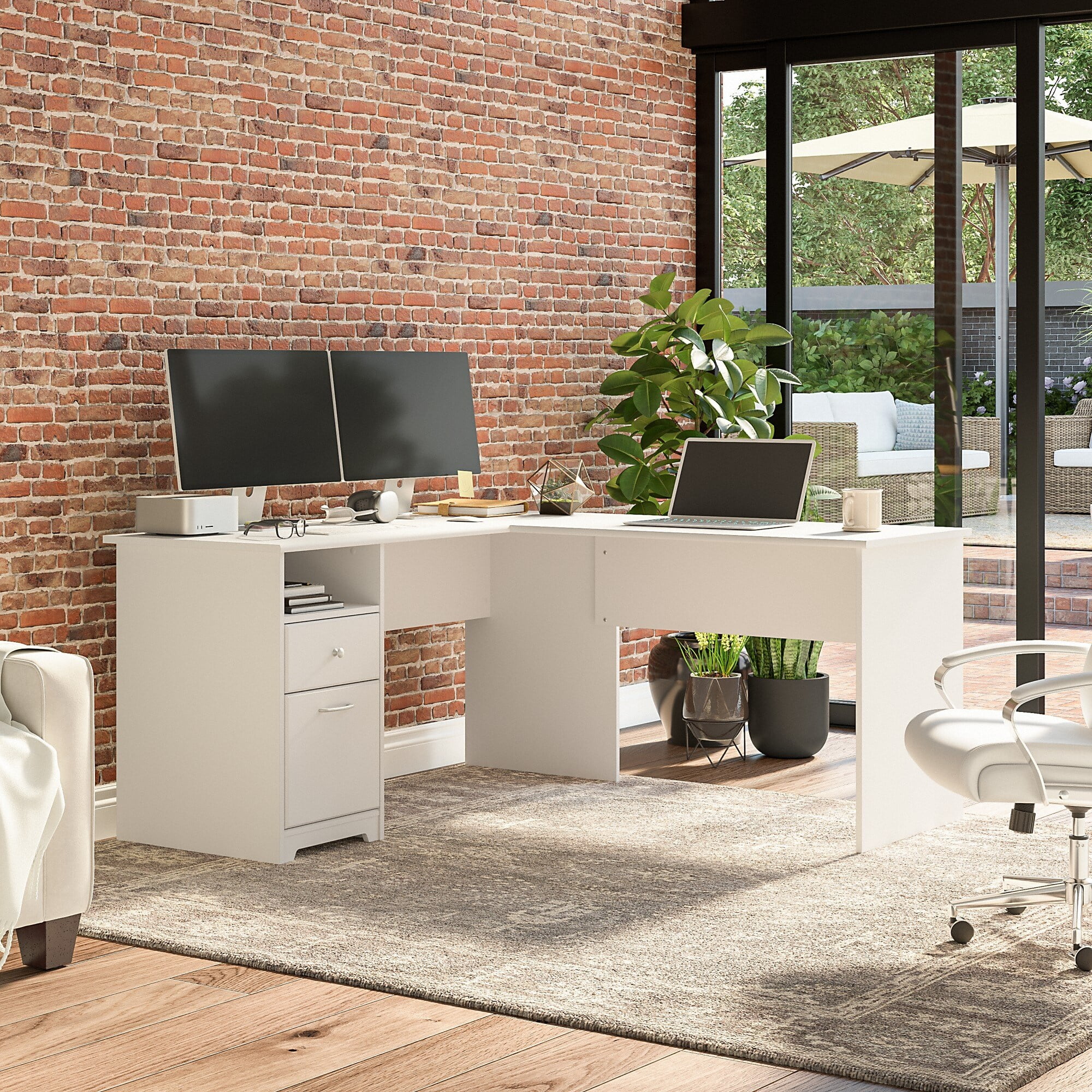 Cabot 60W L Shaped Desk with Drawers in White - Engineered Wood ...