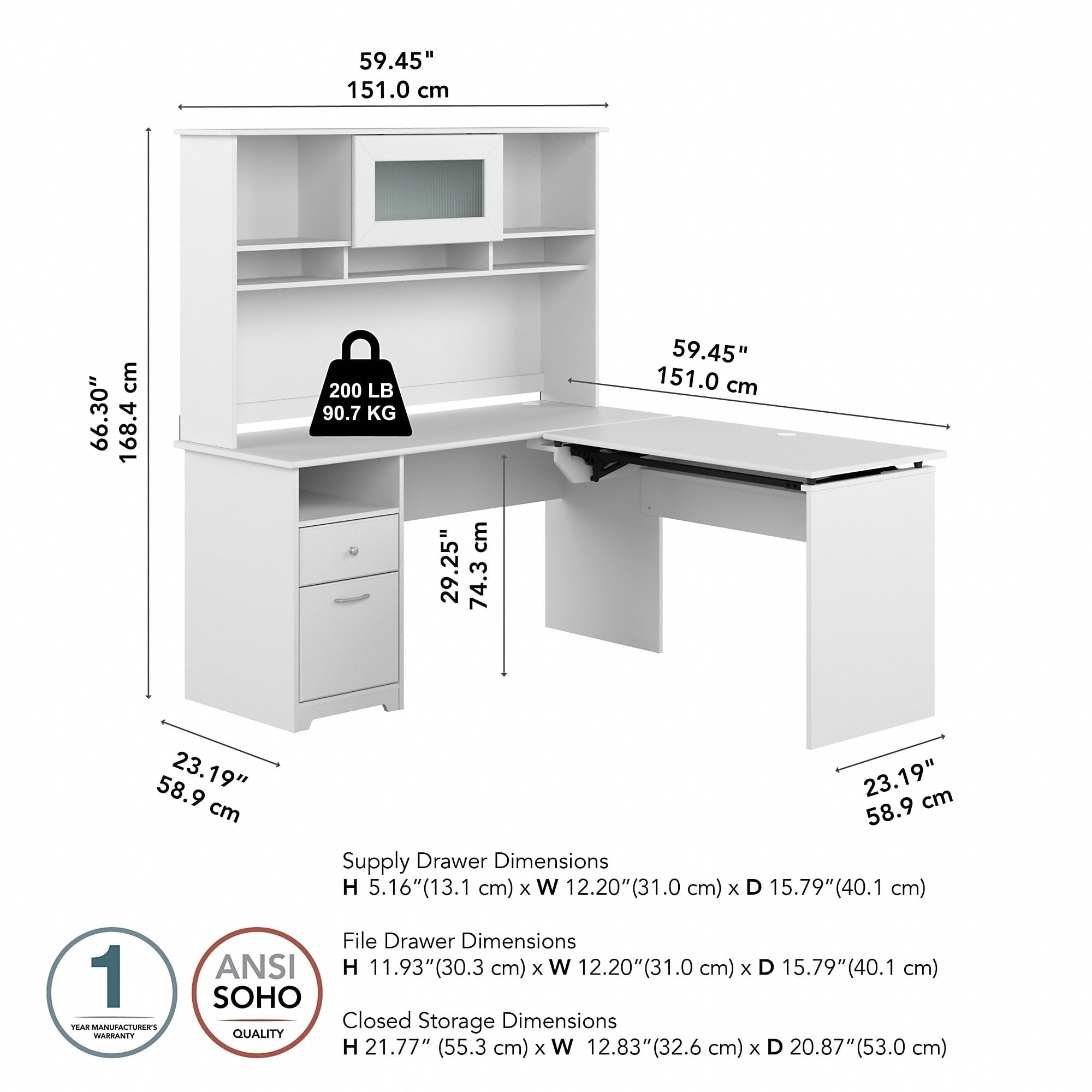Cabot 60W Sit to Stand L Desk with Hutch in White - Engineered Wood ...