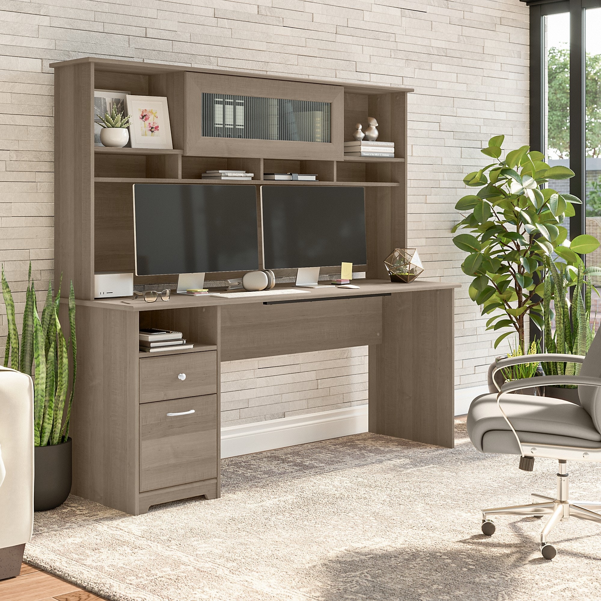 Cabot 72W Ash Gray Computer Desk & Hutch - Small Office Storage ...