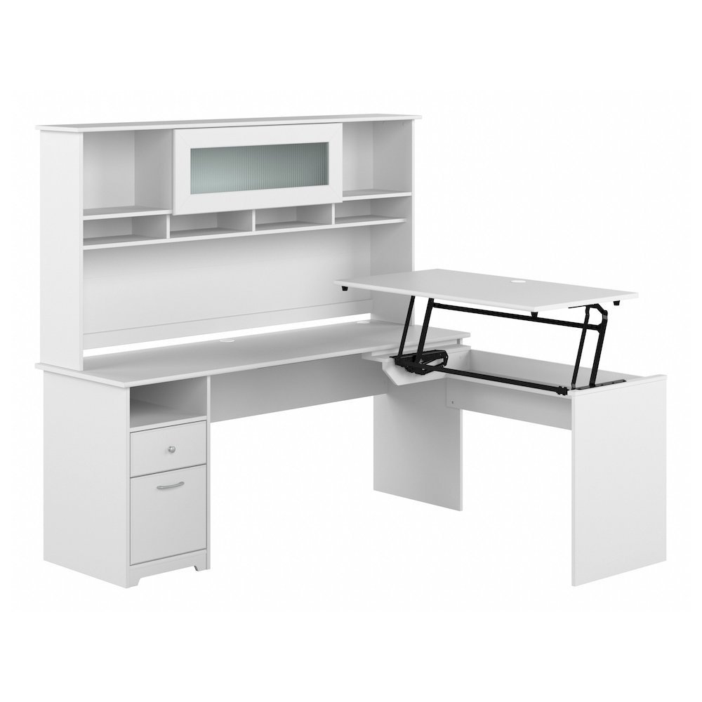 Cabot 72W Sit to Stand L Desk with Hutch in White - Engineered Wood ...