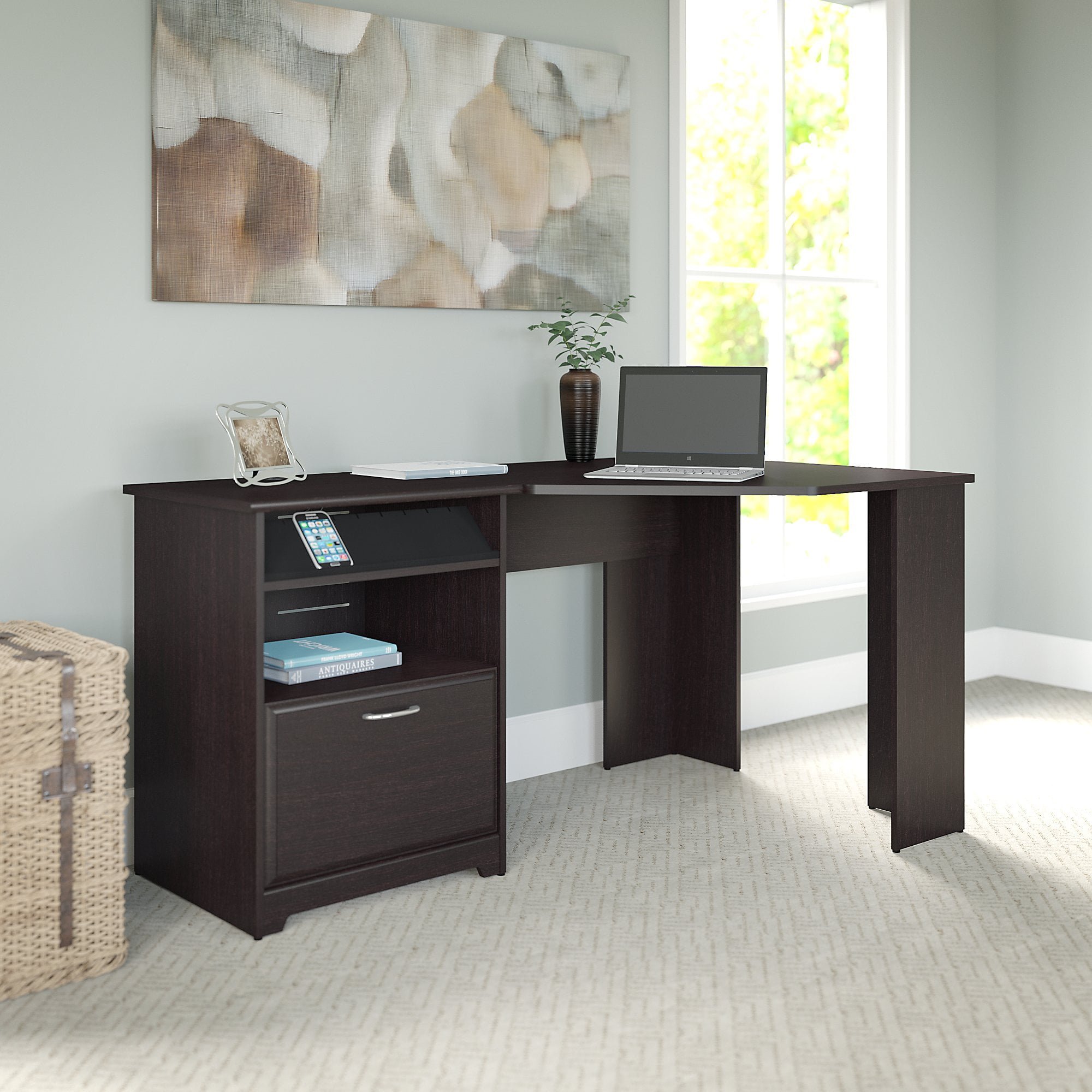 Cabot Modern 60W Corner Desk with File Drawer and Storage Shelves in ...