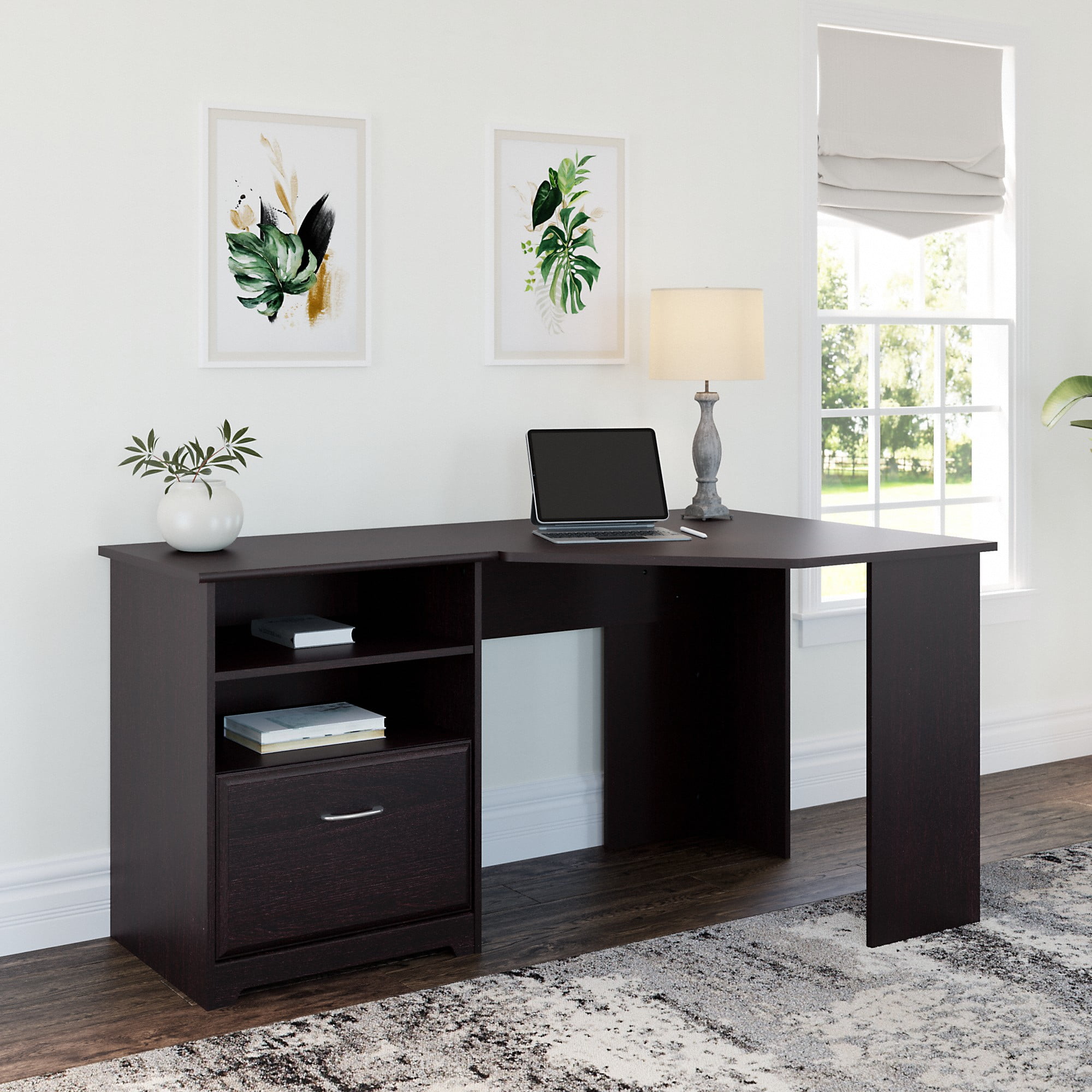 Cabot Modern 60W Corner Desk with File Drawer and Storage Shelves in ...