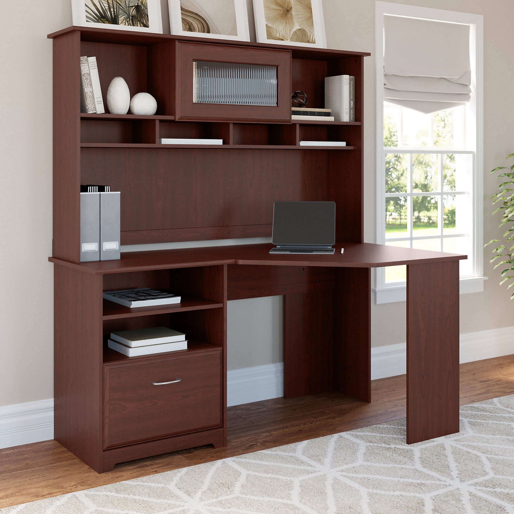 Cabot Modern 60W Corner Desk with Hutch, includes File Drawer and ...