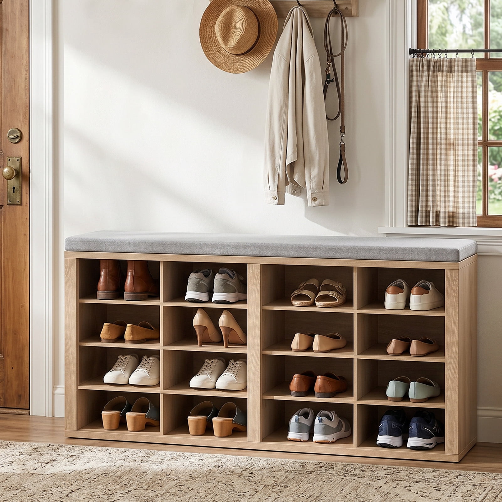 Cacagoo Shoe Storage Bench with Cushion, 16 Cubby Entryway Shoe Bench ...