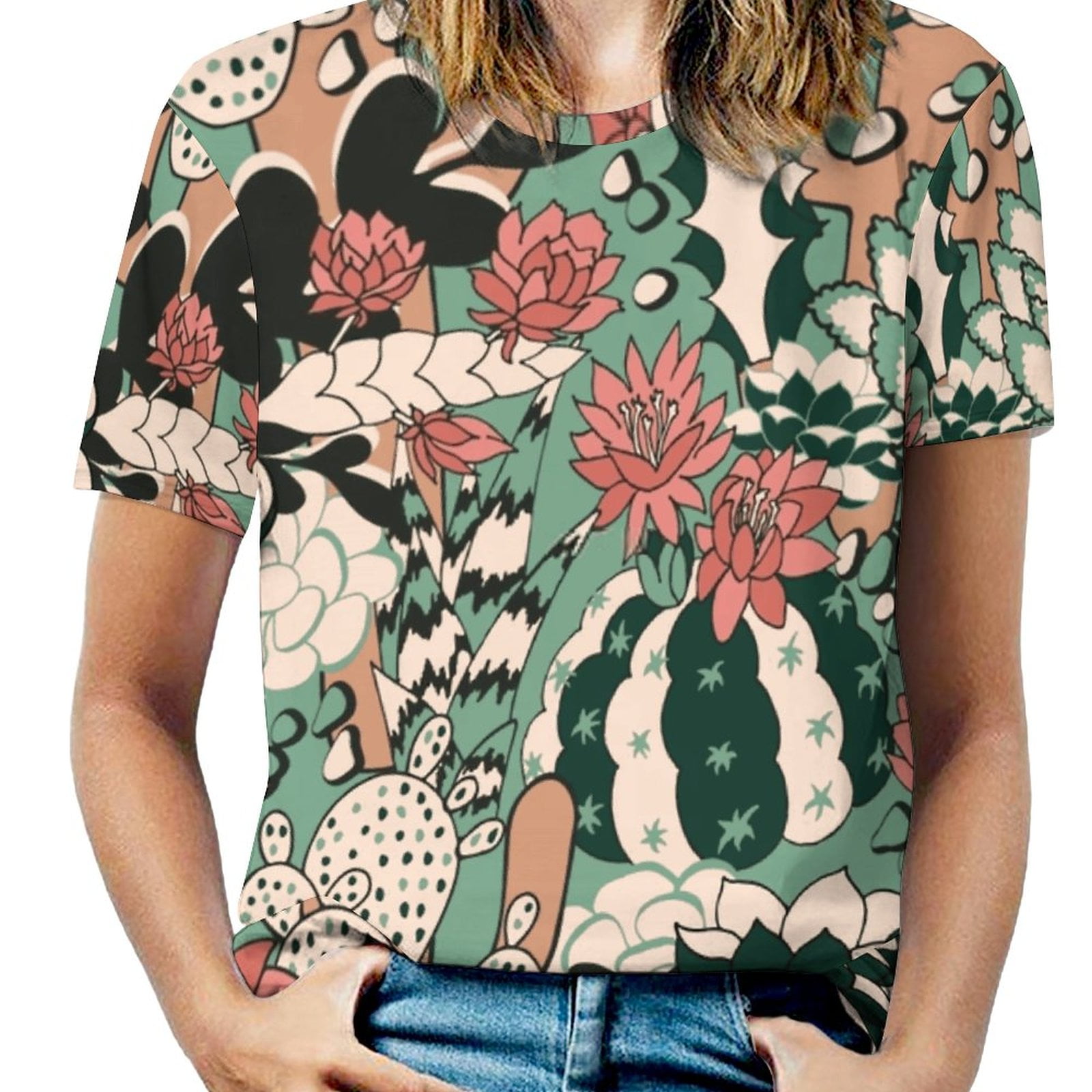 Cacti And Succulent New Fashion Zip Off Shoulder Top Short-Sleeve Women ...