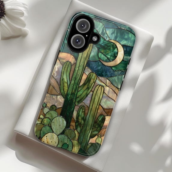 Cacti Tough Phone Case, Crescent Moon PRINTED Stained Glass Design ...