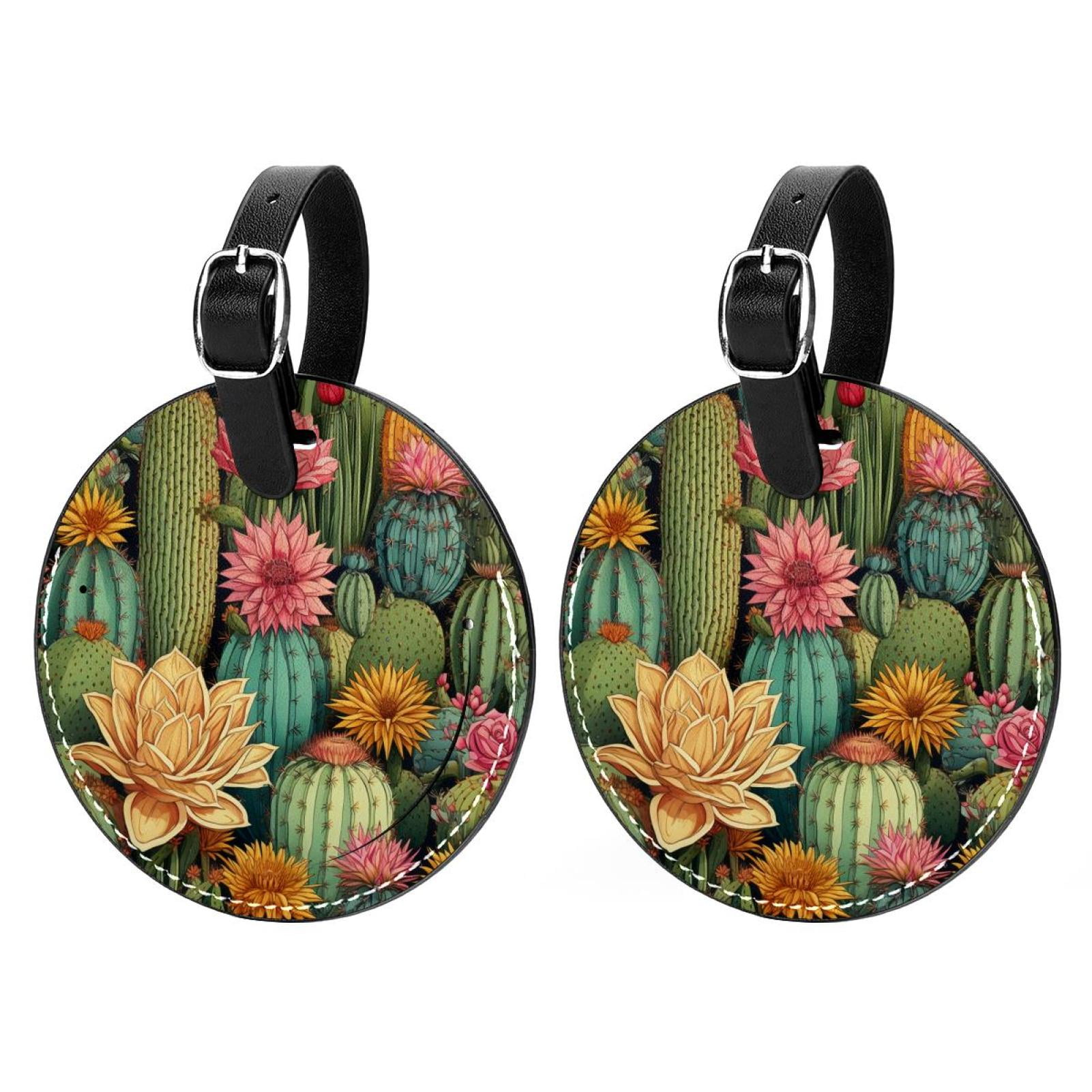 Cactus 2Pcs PU Leather Round Luggage Tags with Privacy Cover and Name ...