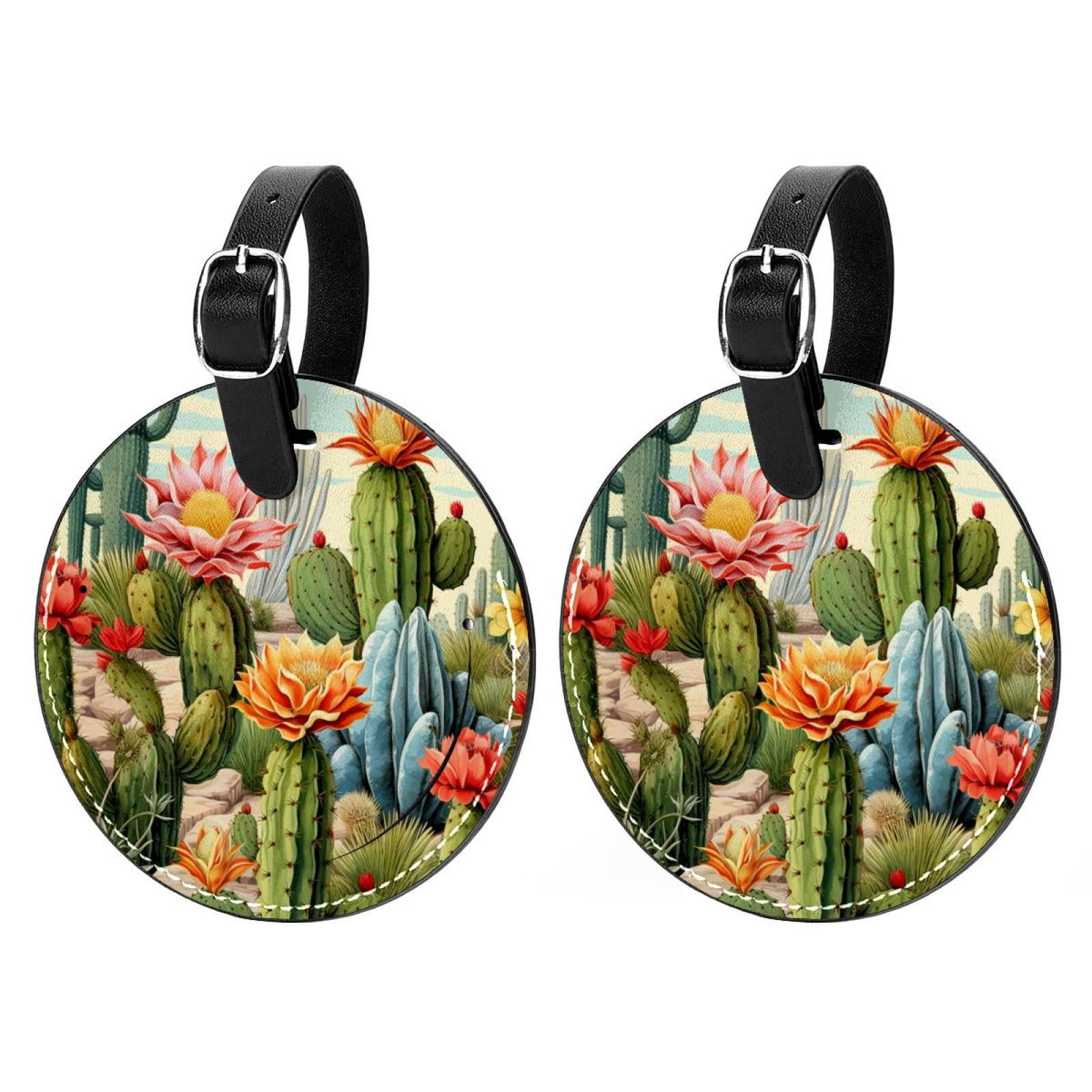 Cactus 2Pcs PU Leather Round Luggage Tags with Privacy Cover and Name ...