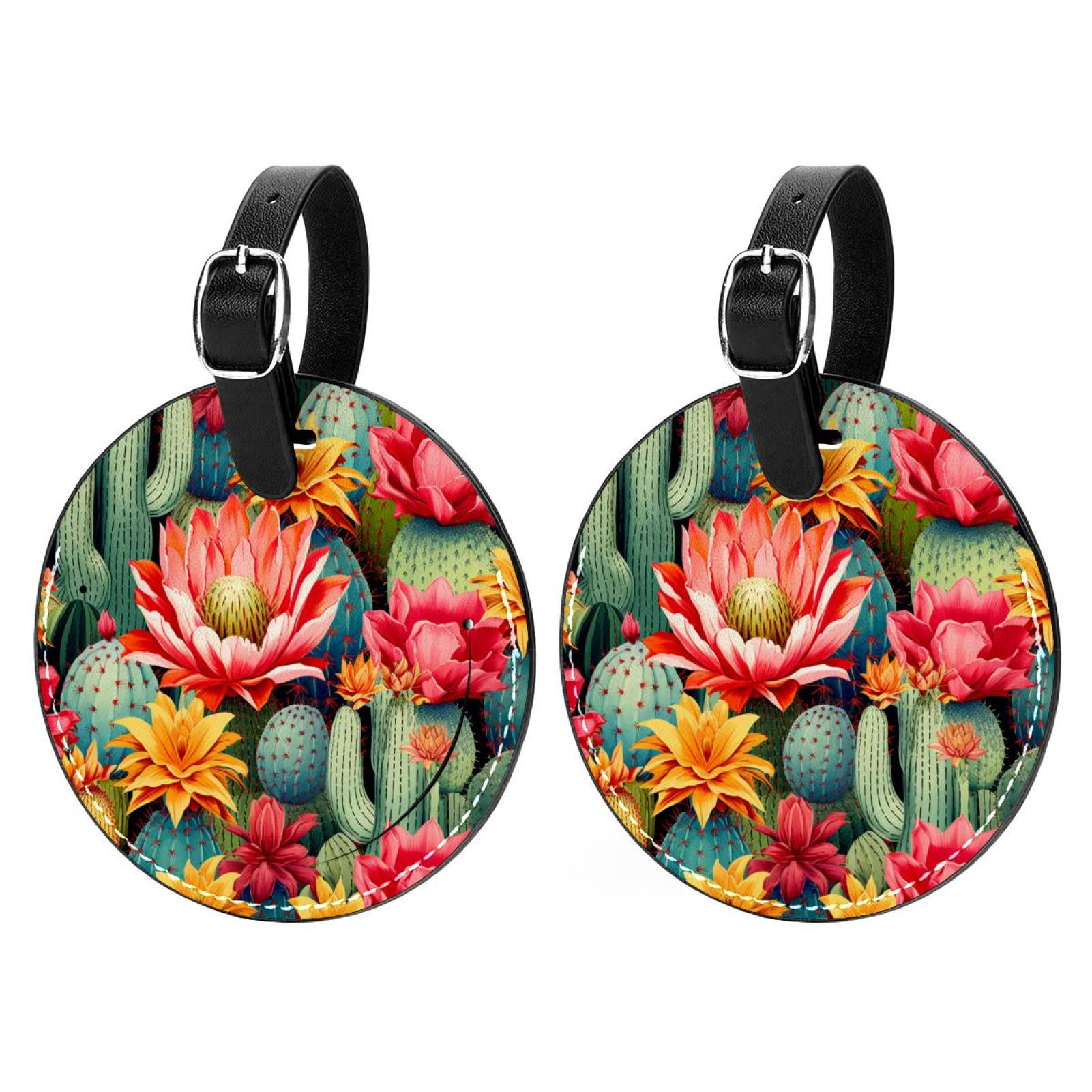 Cactus 2Pcs PU Leather Round Luggage Tags with Privacy Cover and Name ...