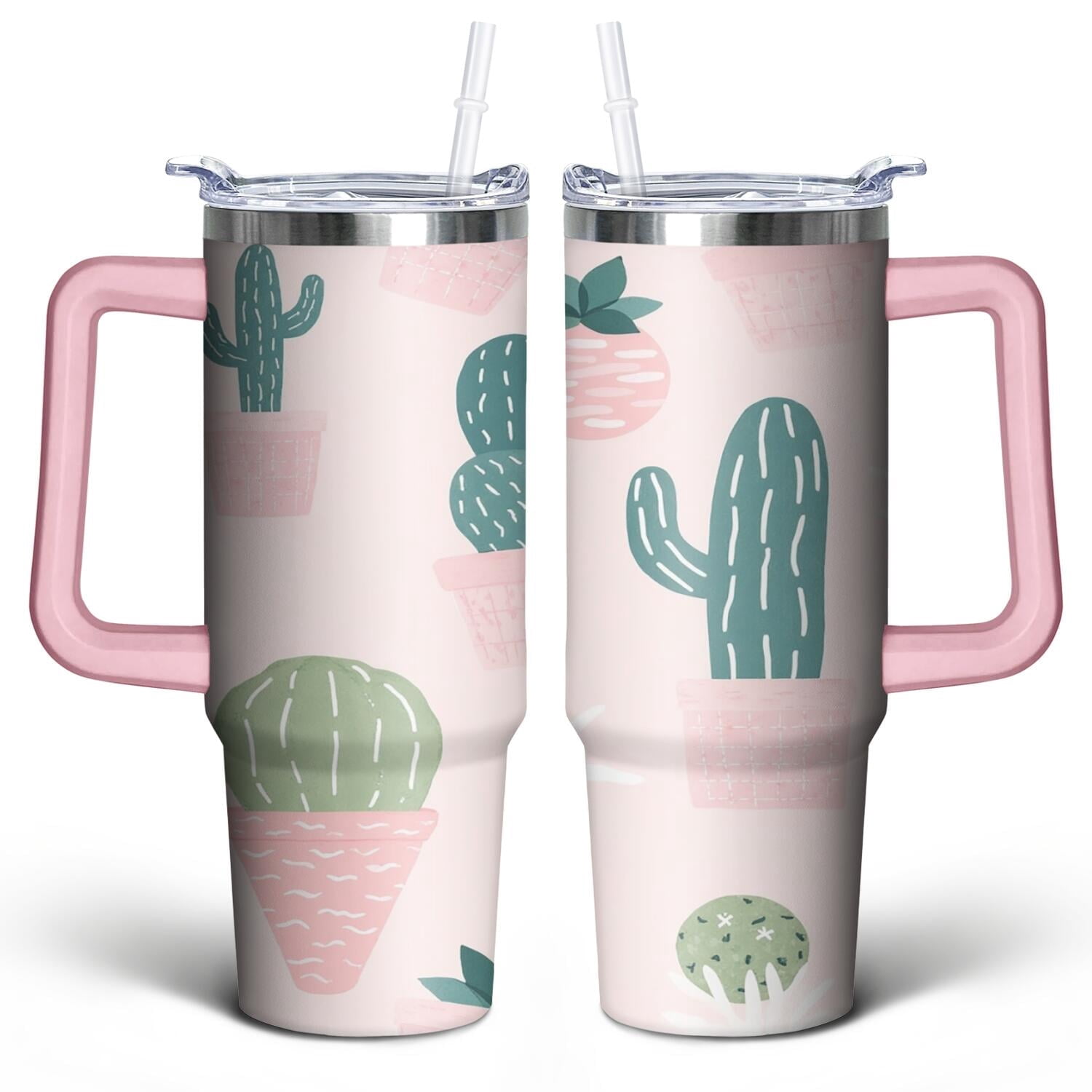 Cactus 30 Oz Tumbler with Handle Lid and Straw, Stainless Steel Double ...