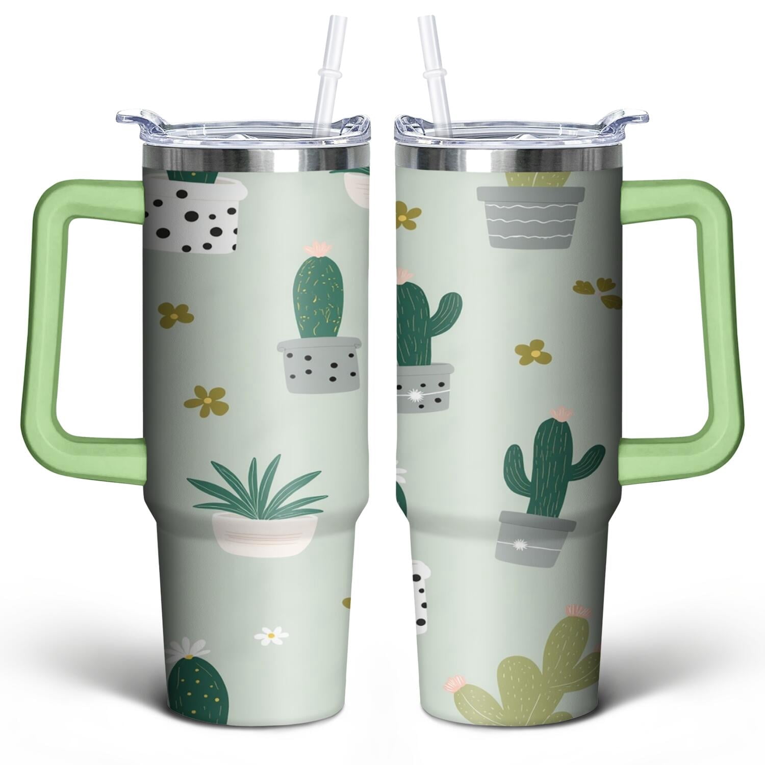 Cactus 30 Oz Tumbler with Handle Lid and Straw, Stainless Steel Double ...