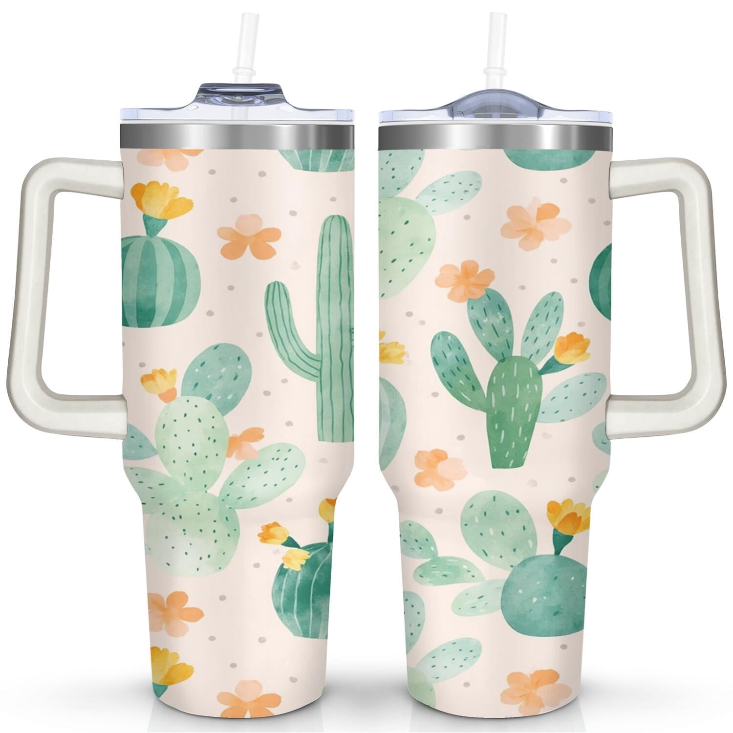 Cactus 40 Oz Tumbler with Handle Lid and Straw, Stainless Steel Double ...