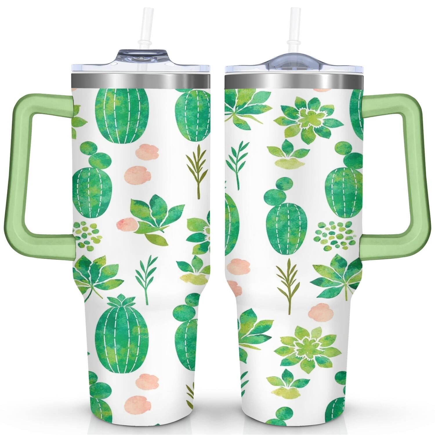 Cactus 40 Oz Tumbler with Handle Lid and Straw, Stainless Steel Double ...
