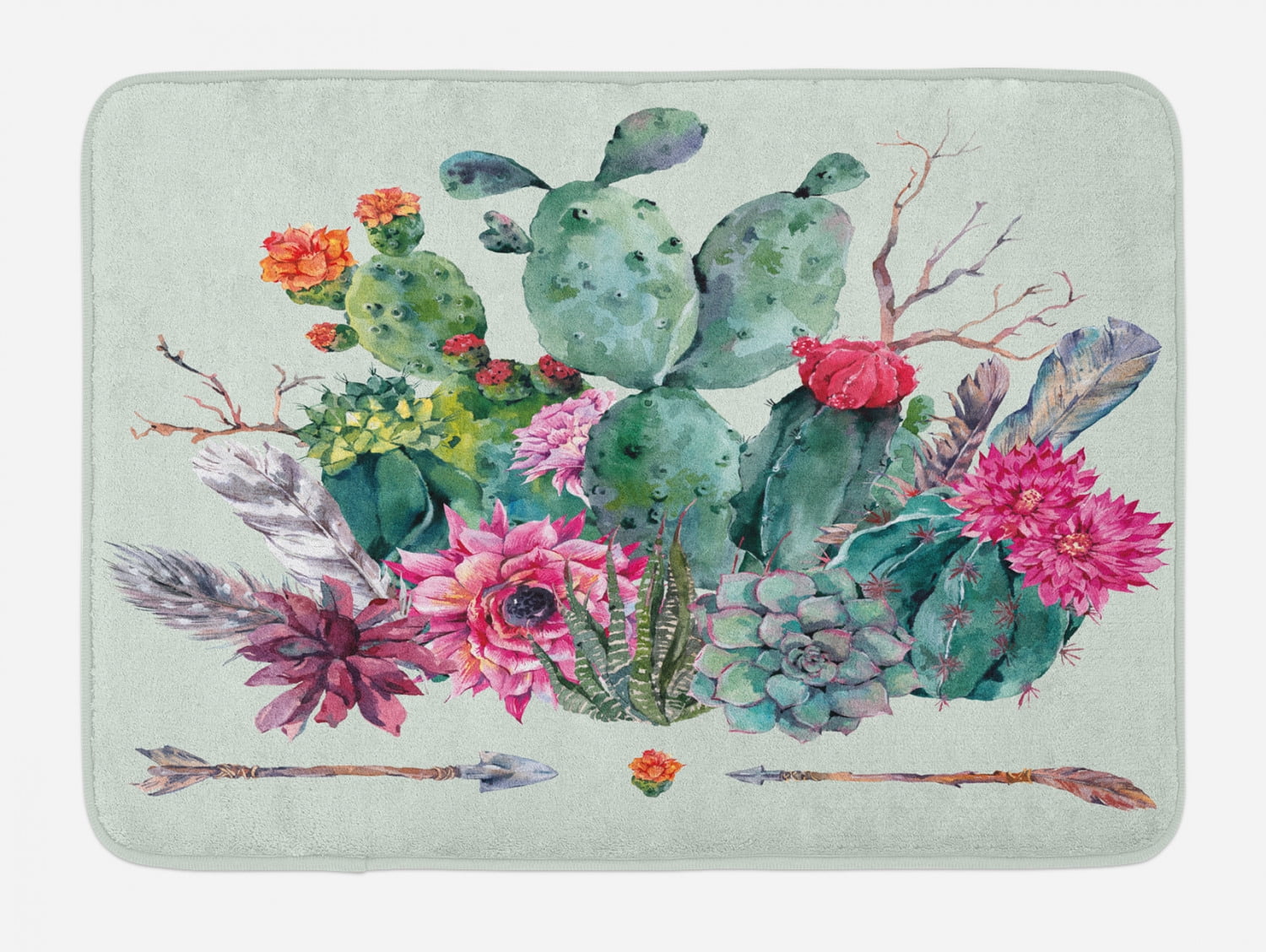 Cactus Bath Mat, Spring Garden with Boho Style Bouquet of Thorny Plants ...