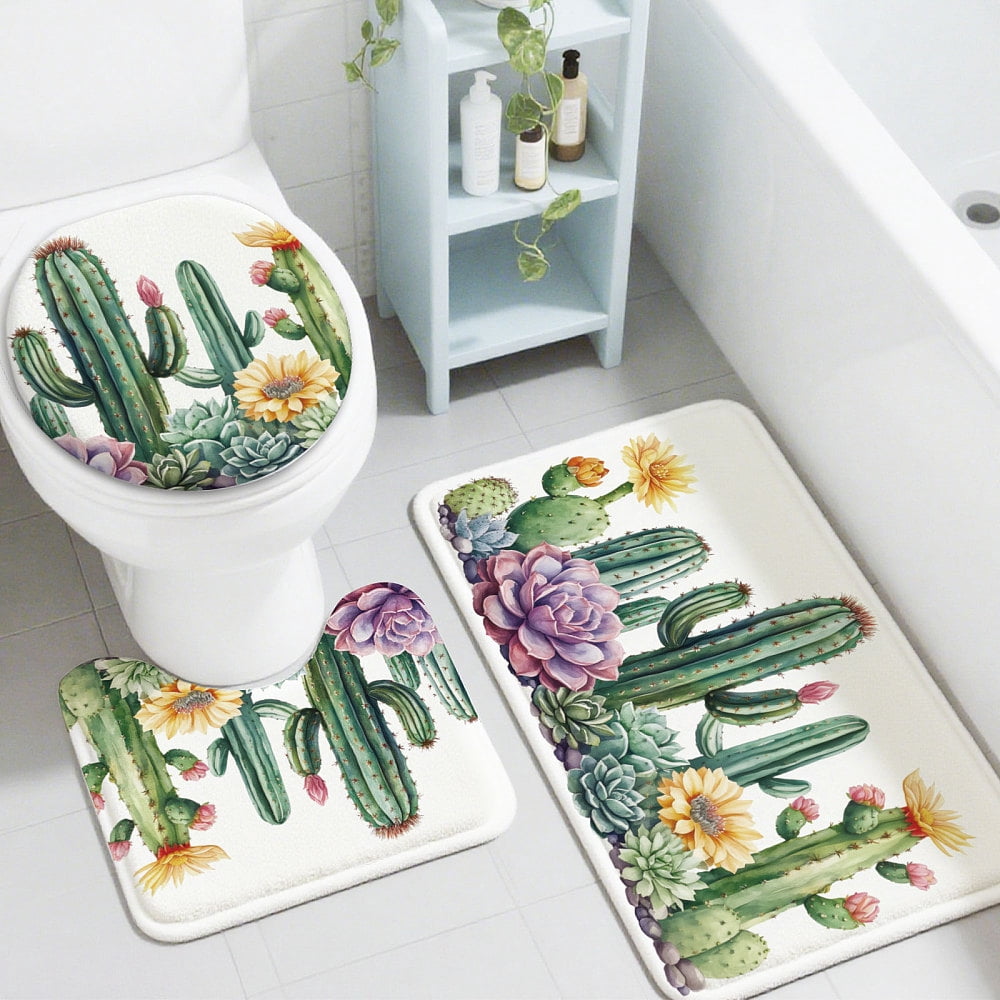 Cactus Bath Mats for Bathroom Rugs Sets 3 Piece with Toilet Lid Cover ...