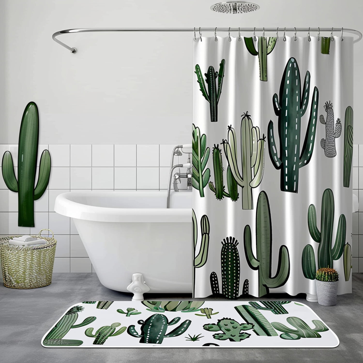 Cactus Bathroom Set Curtains Wall Art Plants Succulent Decor With