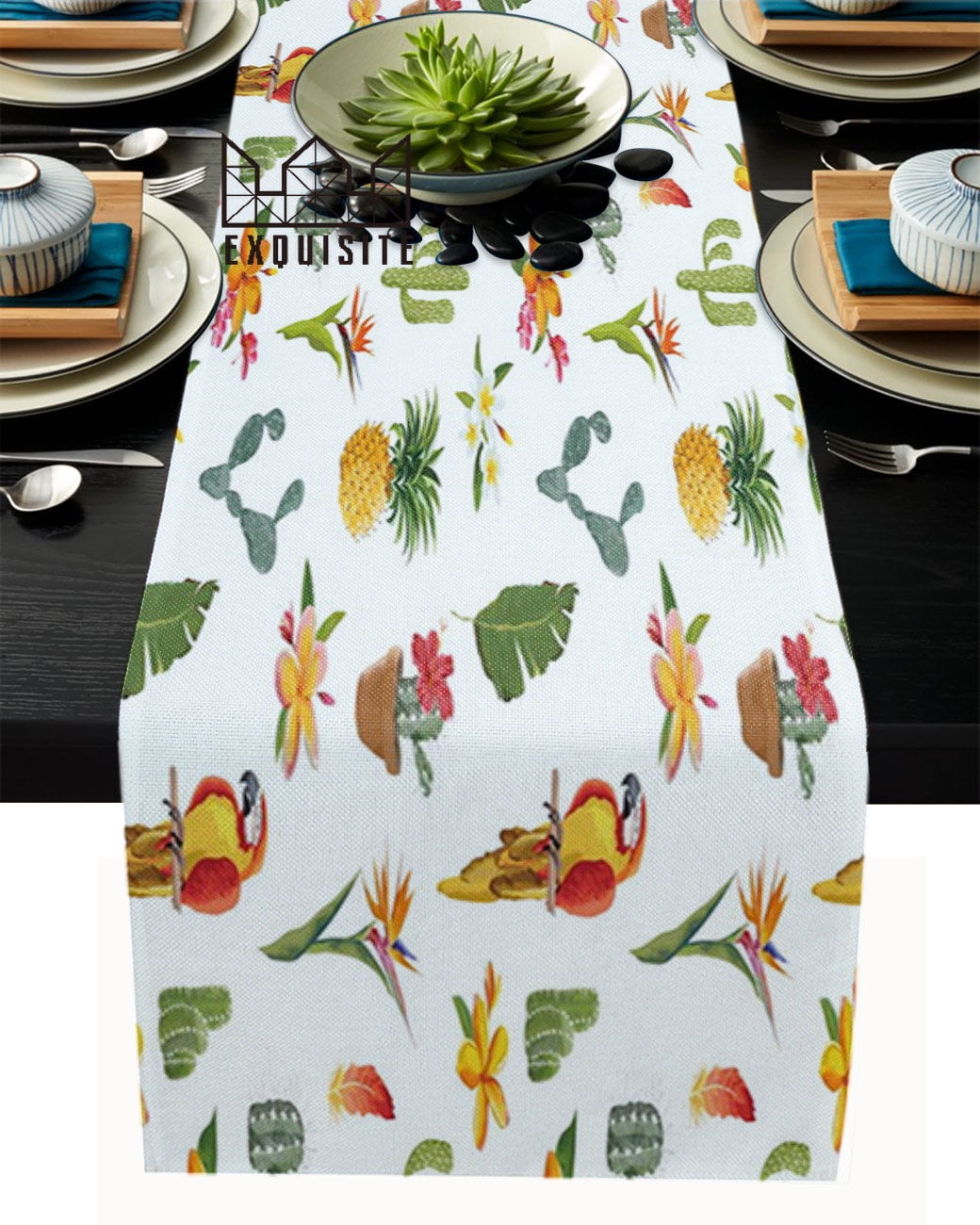 Cactus Bird Parrot Pineapple Nature Summer Texture Table Runner ration ...