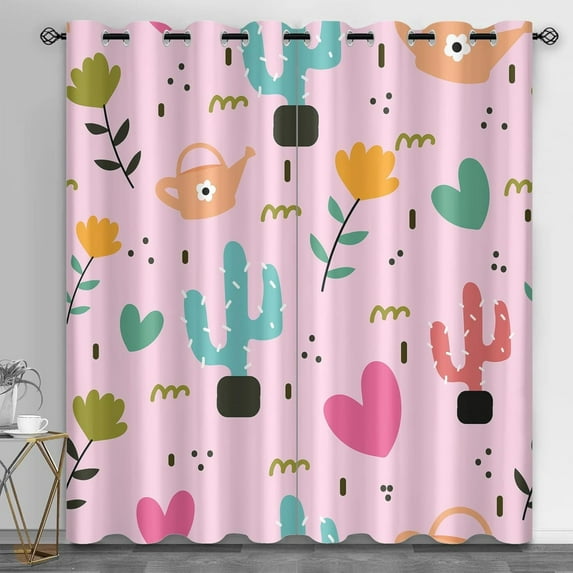 Cactus Blackout Curtains, Cartoon Floral Curtains For Girls Bedroom ...