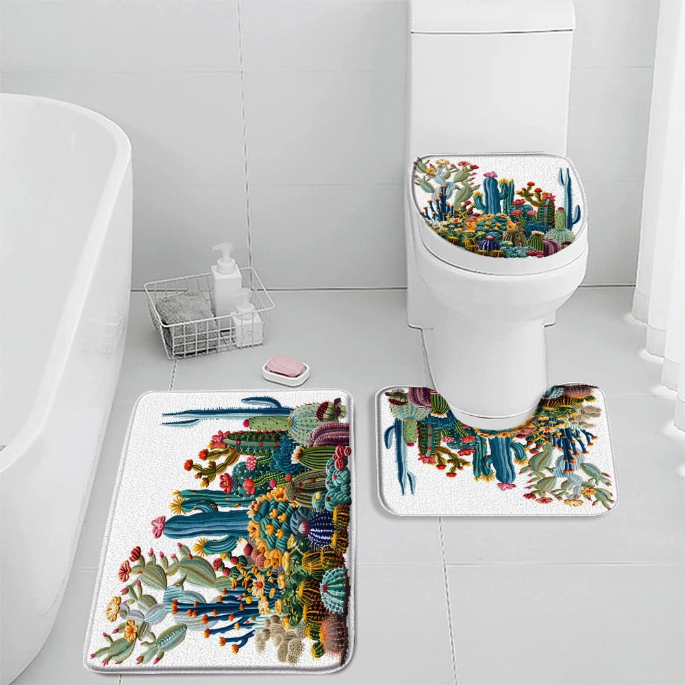 Cactus Cartoon Bath Mat Set Desert Green Plant Watercolor Boho Vintage ...