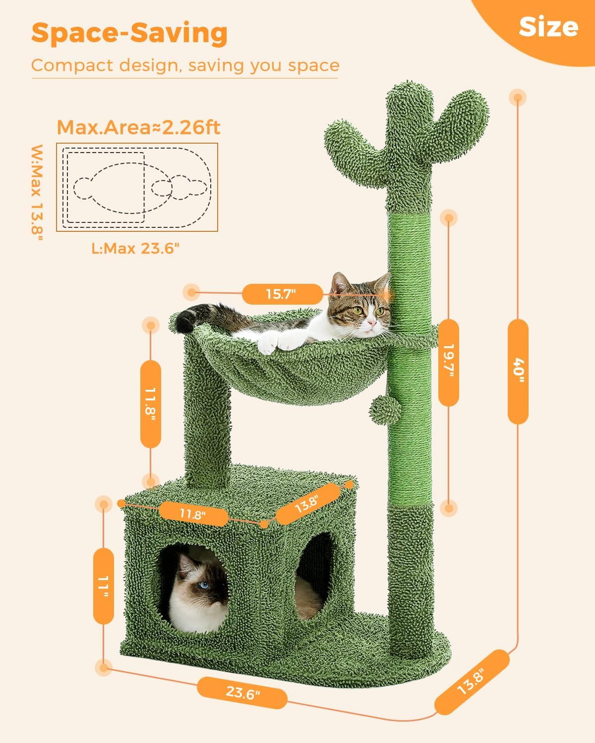 Cactus Cat Tree 42" Cat Tower with Large Metal Carpet Hammock, Cat ...