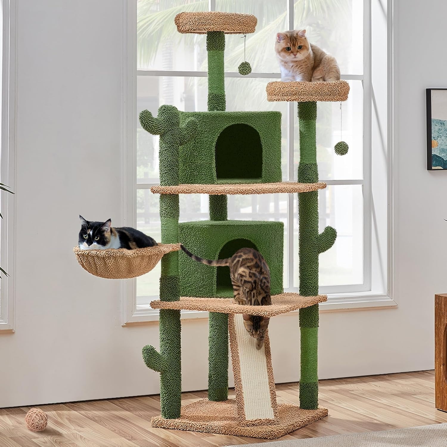 Cactus Cat Tree, 66?H Cat Tower , Multi-Level Cat Tree with Large ...