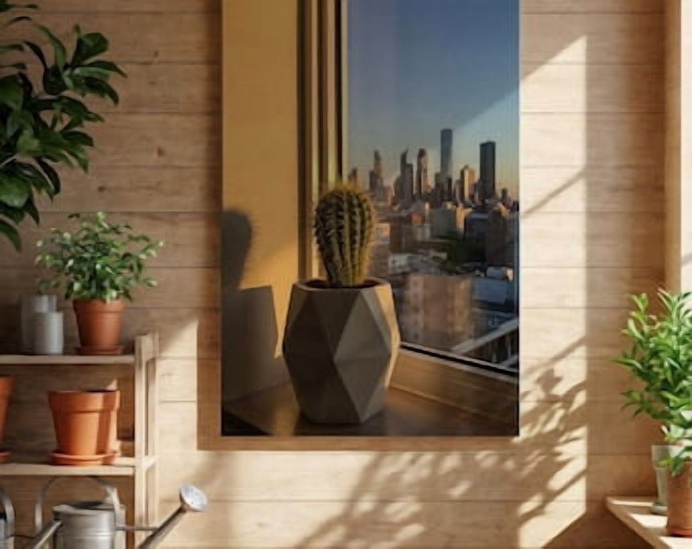 Cactus Cityscape Art, Urban Sunset Poster Vintage Style Wall Decor ...