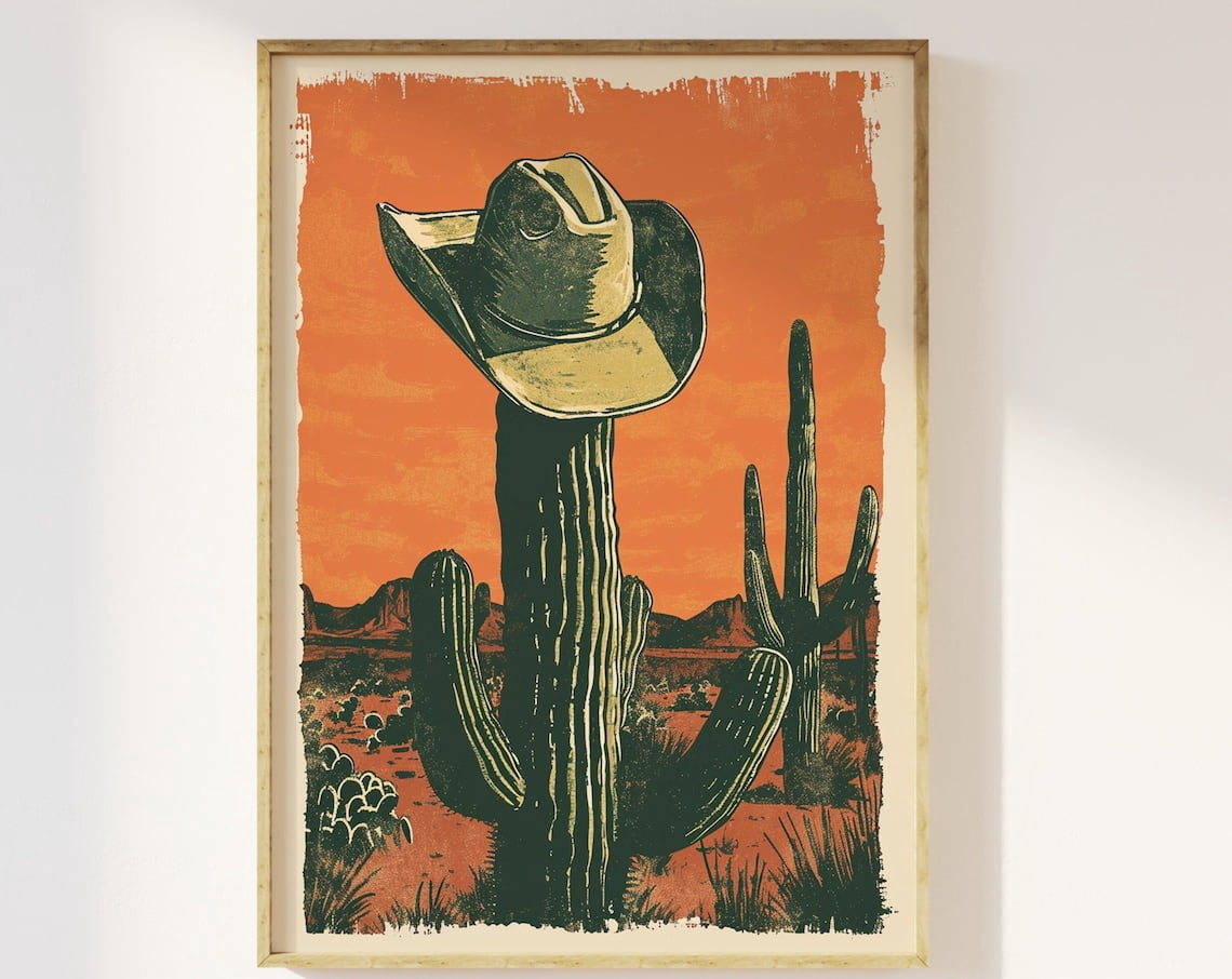 Cactus And Cowboy Hat Art Print Fun Western Painting, Southwestern ...