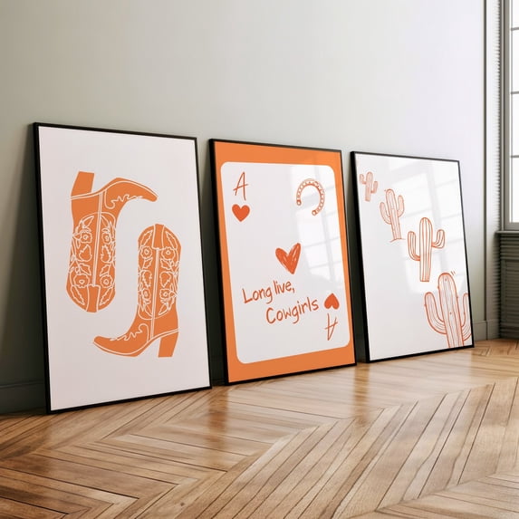 Cactus Cowgirl Boots Ace of Hearts Playing Card Art Orange Wall Decor ...
