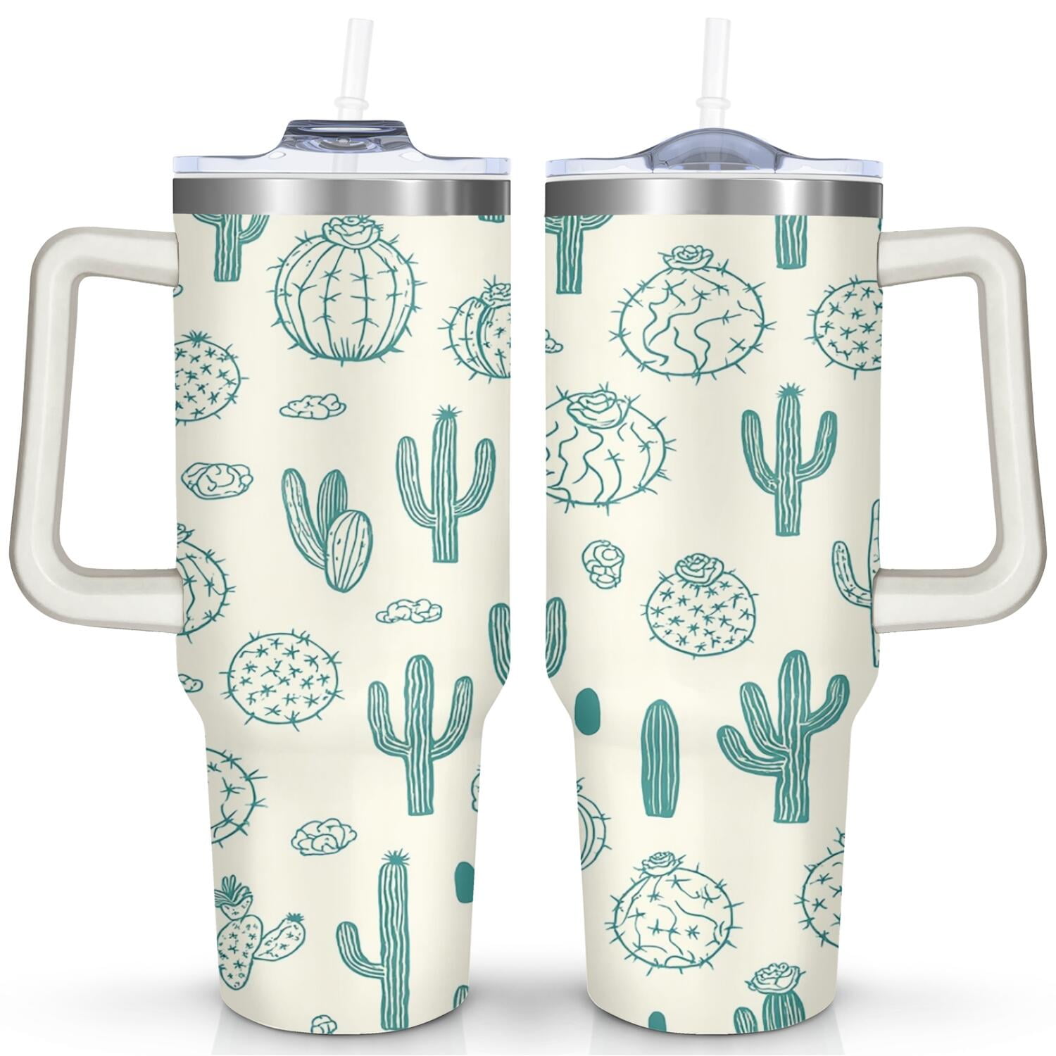 Cactus Cup with Handle and Straws 40 OZ Vacuum Insulated Travel Coffee ...
