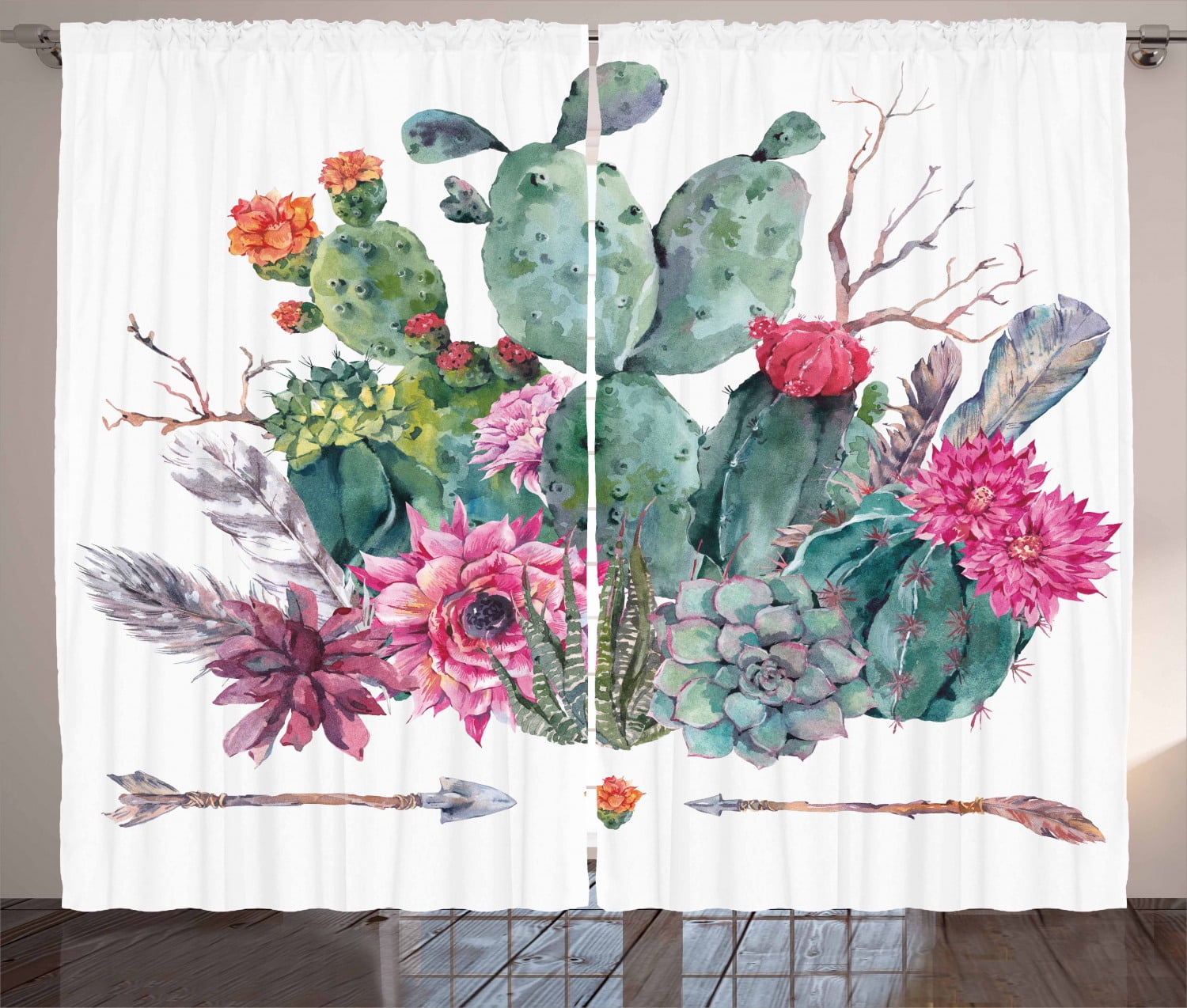 Ambesonne Cactus Curtains 2 Panel Set, Bouquet in Boho Style Arrow, 108 ...