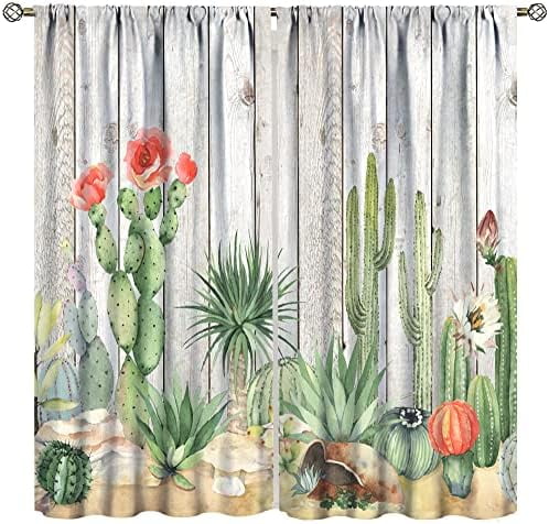 Cactus Curtains, Succulents Vintage Wood Panel Southwest Plants ...