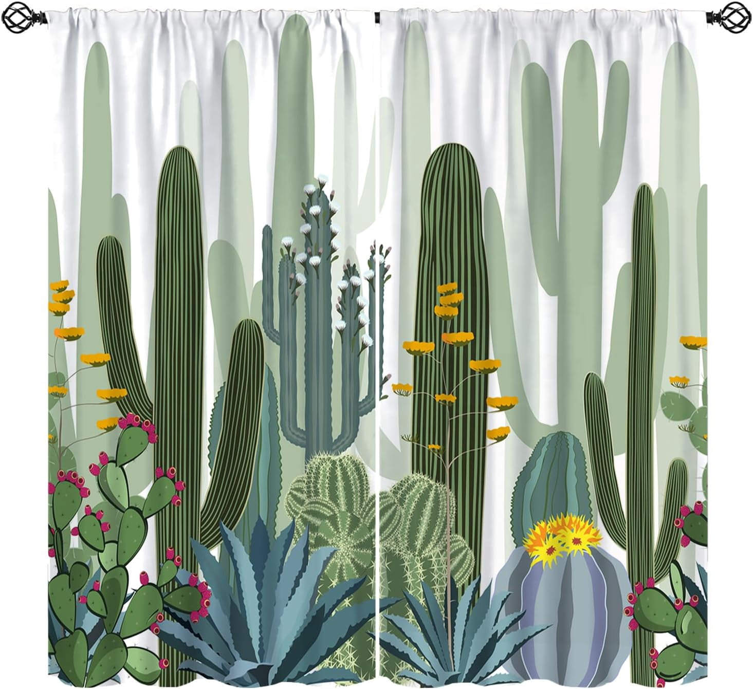 Cactus Curtains, Tropical Various Watercolor Shapes Cacti Flowers ...