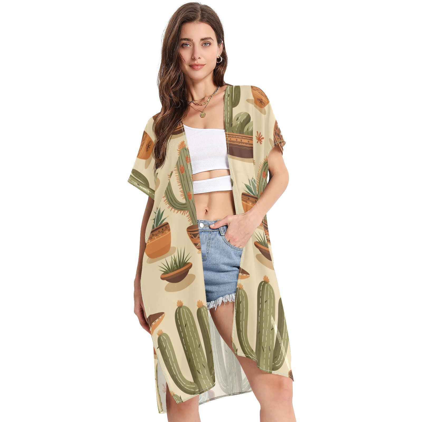 Cactus Denim Hat Women Swimsuit Cover up V Neck Beach Dress Short ...